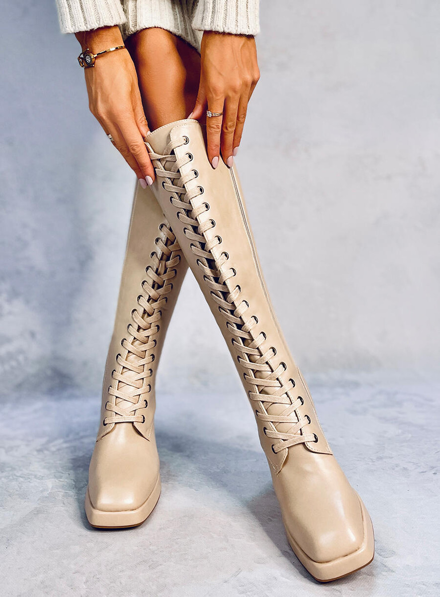Kozaki sznurowane na szerokim obcasie WEDNESDAY BEIGE | Sklep KupButy.com